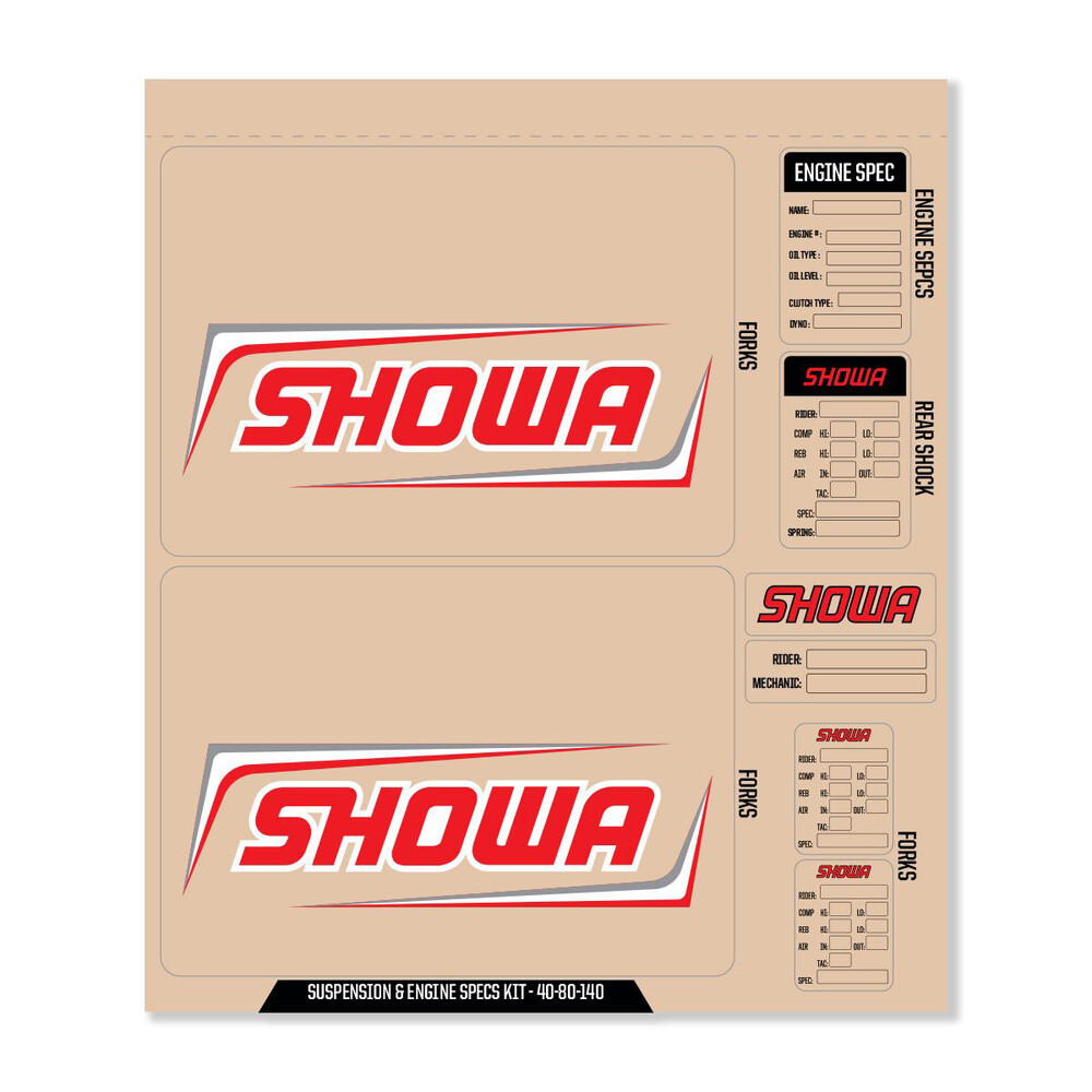 D-COR SHOWA DECAL KIT RED SHOWA FORK/SHOCK/ENG SPEC